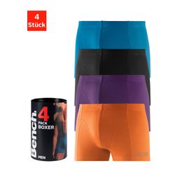 Boxer Bench. "Boxershorts f&uuml;r Herren", Herren, Gr. S, 4 Stk., bunt (schwarz, t&uuml;rkis, orange, lila), Jersey, Obermaterial: 95% Baumwolle, 5% Elasthan, unifarben, k&ouml;rpernah, Unterhosen, Unterhosen in der Dose mit kleinem Logodruck auf dem Bein