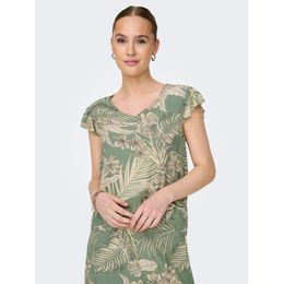 V-Shirt Only "ONLPALINA LIFE SS V-NECK TOP PTM", Damen, Gr. M (38), gr&uuml;n (hedge gr&uuml;n aop:lovely palm), Single Jersey, Obermaterial: 100% Viskose, gemustert, regular fit, V-Ausschnitt, Shirts