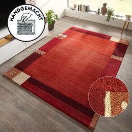 Wollteppich Theko "Tromso, Wolle, Handgefertigt, Bord&uuml;re mit Hoch-Tief-Effekt" Gr. 8, rot, B:300cm H:15mm L:400cm, Wolle, Teppiche, Wohnzimmer, Schlafzimmer, Esszimmer