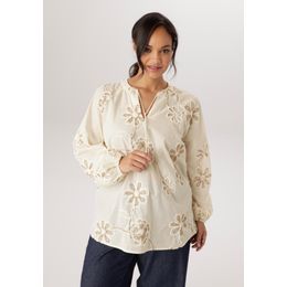 Schlupfbluse ANISTON PLUS, Damen, Gr. 44, beige (natur, braun), Web, Obermaterial: 100% Baumwolle, bestickt, figurumspielend Po-bedeckend, V-Ausschnitt, mit Gummizug, Blusen Schlupfbluse, mit sch&ouml;ner toniger Stickerei