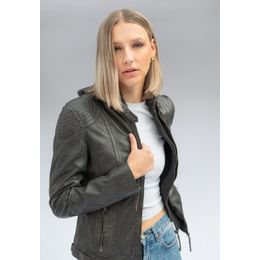 Lederjacke Mauritius "Cacey LEGV", Damen, Gr. L, grau (anthrazit), Obermaterial: 100% Schafsleder. Futter: 100% Baumwolle. Kapuze: 60% Baumwolle, 40% Polyester. &Auml;rmelfutter: 100% Polyester, unifarben, regular fit kurz, eingesetzt abgesteppt, Jacken, mti Kapuze, Rei&szlig;verschluss, Ziersteppung