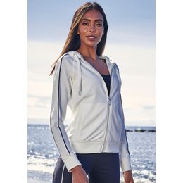 H.I.S. Kapuzensweatjacke H.I.S, Damen, Gr. 32/34, beige (ecru), Interlock, Obermaterial: 60% Baumwolle, 40% Polyester, bestickt, kontrastfarbene Details, unifarben, Basic, bequem h&uuml;ftlang, ohne Ausschnitt, Raglan&auml;rmel Rippb&uuml;ndchen, Sweatjacken, mit Piping an den &Auml;rmeln. Ideal f&uuml;r Sport- und Freizeit.