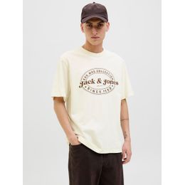 Jack & Jones Rundhalsshirt JACK & JONES "JJEDOVER PRINT TEE SS CREW NECK", Herren, Gr. M, wei&szlig; (antique wei&szlig;), Single Jersey, Obermaterial: 100% Baumwolle, bedruckt, relaxed fit normal, Rundhals, Shirts Rundhalsshirt