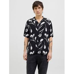 Jack & Jones Kurzarmhemd JACK & JONES "JJEJEFF CHARGE RESORT SHIRT SS SN", Herren, Gr. M, N-Gr, schwarz, Web, Obermaterial: 100% Viskose, bedruckt, relaxed fit taillenbedeckt, ohne Ausschnitt, gerader Abschluss, Hemden, mit All-Over Print