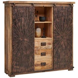 Landscape Highboard, Natur, Schwarz, Kupfer, Holz, Metall, Mangoholz, massiv, 12 F&auml;cher, 3 Schublade(n) Schubladen, 145x145x40 cm, Typenauswahl, Beim&ouml;bel erh&auml;ltlich, Holzm&ouml;bel, Kleinm&ouml;bel Holz, Holzkommoden, Highboards Holz