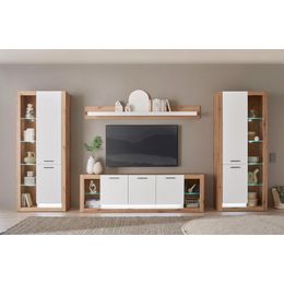 Wohnwand Home Affaire "Brixen, moderne Anbauwand, Wohnzimmer-Set, Eiche Evoke Dekor mit Wei&szlig;", wei&szlig; (eiche evoke, wei&szlig;), B:398cm H:195cm T:43cm, Holzwerkstoff, Kastenm&ouml;bel-Sets, Wohnwand, enth&auml;lt Stauraumelemente, Lowboard und Wandboard