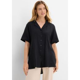 Hemdbluse bonprix, Damen, Gr. 40, schwarz, Web, Obermaterial: 100% Baumwolle, unifarben, oversize Po-bedeckend, V-Ausschnitt, Blusen Hemdbluse, in weiter vokuhila Passform, reine Baumwolle, Kurzarm
