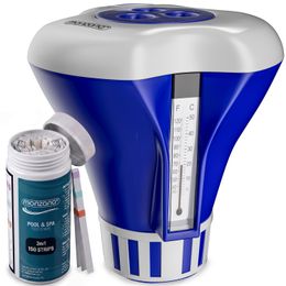Monzana Dosierschwimmer Pool f&uuml;r 20-200g Tabletten inklusive 150 3in1 Teststreifen UV-Resistent Chlor Schwimmer mit Thermometer