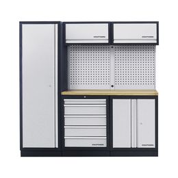 Kraftwerk 3-Element-Schrankwand mit Vierkantlochwand und Multiplex-Arbeitsplatte (L&auml;nge:2000 mm, H&ouml;he:2000 mm, Tiefe:600 mm) f&uuml;r Werkzeugaufbewahrung KW2000, 3964A)