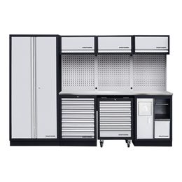 Kraftwerk 4-Element-Schrankwand mit Vierkantlochwand L&auml;nge 2955 mm Inox-Arbeitsplatte (3964DIX)