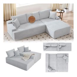 Juskys Sofa Coredo Rechts - Ecksofa 3 Sitzer, Couch in L Form mit Ottomane - Cord in Hellgrau