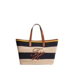 Tragetasche Tommy Hilfiger "TH NAUTICAL TOTE CROCHET STR", Damen, Gr. B/H/T: 58,5cm x 31,5cm x 16cm, dunkelblau, beige, Baumwolle, Taschen, Damen Strandtasche mit Streifen und Logoschriftzug
