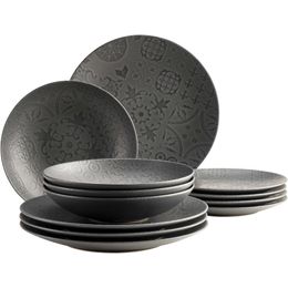 M&auml;ser Tafelservice M&Auml;SER "TRAD. TILES SCHWARZ, Geschirr Set, Steinzeug", schwarz, 12 Stk., Steinzeug, Geschirr-Sets, Tafelservice, Teller Set