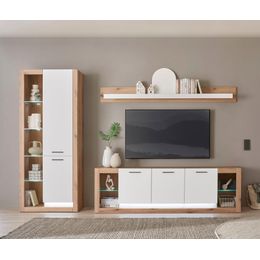 Wohnwand Home Affaire "Brixen, moderne Anbauwand, Wohnzimmer-Set, Eiche Evoke Dekor mit Wei&szlig;", wei&szlig; (eiche evoke, wei&szlig;), B:298cm H:195cm T:43cm, Holzwerkstoff, Kastenm&ouml;bel-Sets, Wohnwand, enth&auml;lt Stauraumelement, Lowboard und Wandboard