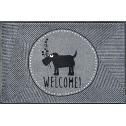 Fu&szlig;matte "Herr Just, Welcome" Gr. 15, grau, B:50cm H:9mm L:75cm, Kunstfaser, wash+dry by Kleen-Tex, Teppiche, Fu&szlig;matte, Schmutzfangmatte, Motiv Hund, mit Spruch, rutschhemmend
