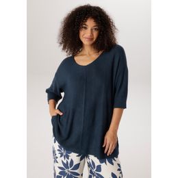 Strickpullover ANISTON PLUS, Damen, Gr. 44, marine, Strick, Obermaterial: 100% Polyacryl, unifarben, figurumspielend Po-bedeckend, V-Ausschnitt, B&uuml;ndchen, Pullover Strickpullover, mit tollem Strickmuster