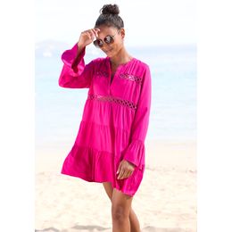 Longbluse Lascana, Damen, Gr. 32/34, pink, Web, Obermaterial: 100% Viskose. Spitze: 100% Baumwolle, unifarben, figurumspielend kurz, V-Ausschnitt, Volant, Blusen Longbluse, mit Spitzeneins&auml;tzen, Tunika, Blusenkleid, Strandmode