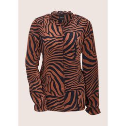 Madeleine Mode Langarmbluse MADELEINE "Chiffonbluse Viskosebluse mit Zebramuster", Damen, Gr. 34, schwarz (nussbraun, schwarz), Obermaterial: 100% Viskose CV., Modern, figurumspielend, Blusen, Bluse mit Rundhalsausschnitt und R&uuml;schen