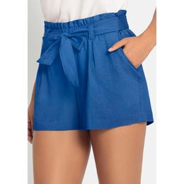 Shorts Lascana, Damen, Gr. 34, N-Gr, blau (nautical blau), Web, Obermaterial: 58% Viskose, 28% Baumwolle, 14% Leinen, unifarben, figurumspielend kurz, Hosen Shorts, im Paperbag-Stil, Leinenmix, Schlupfhose, Sommerhose