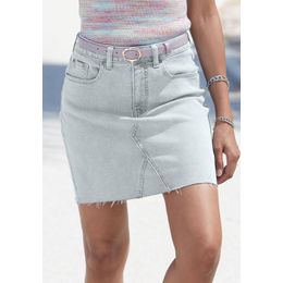 Jeansrock Buffalo, Damen, Gr. 38, blau (light blau washed), Denim/Jeans, Obermaterial: 98% Baumwolle, 2% Elasthan, unifarben, figurbetont ca. Mitte Oberschenkel, R&ouml;cke Jeansrock, in kurzer Form mit Fransensaum, Minirock aus bequemem Baumwoll-Stretch