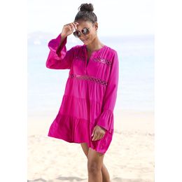 Longbluse Lascana, Damen, Gr. 32/34, pink, Web, Obermaterial: 100% Viskose. Spitze: 100% Baumwolle, unifarben, figurumspielend kurz, V-Ausschnitt, Volant, Blusen Longbluse, mit Spitzeneins&auml;tzen, Tunika, Blusenkleid, Strandmode