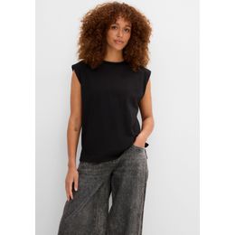 Oversize-Shirt bonprix, Damen, Gr. 44/46 (L), schwarz, Jersey, Obermaterial: 100% Baumwolle, unifarben, oversize h&uuml;ftbedeckend, Rundhals, angeschnitten, Shirts, l&auml;ssiger Oversize-Schnitt, verst&auml;rkte Schulter, &auml;rmellos
