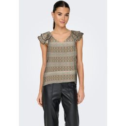 Blusenshirt Only "ONLASTA LIFE CAPSLEEVE V-NECK TOP PTM", Damen, Gr. S (36), gr&uuml;n (oil gr&uuml;n aop:borders paradise), Jersey, Obermaterial: 100% Polyester, gemustert, loose fit normal, V-Ausschnitt, Shirts Blusenshirt