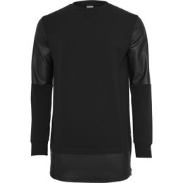 Rundhalspullover Urban Classics "Urban Classics Herren Long Zipped Synthetic Leather Crewneck", Herren, Gr. M, schwarz, schwarz, 100% Baumwolle, unifarben, normal, Rundhals, Pullover Rundhalspullover