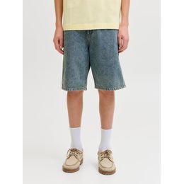 Jack & Jones Shorts JACK & JONES JUNIOR "JJIALEX JJCARPENTER SHORTS AKM 148 JNR", M&auml;dchen, Gr. 140, N-Gr, blau denim, Denim/Jeans, Obermaterial: 100% Baumwolle, unifarben, used, relaxed fit kniebedeckend, Hosen Shorts, mit auff&auml;lliger Waschung