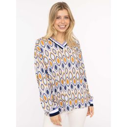 Blusenshirt Zwillingsherz "Ornament", Damen, Gr. L/XL, blau, Web, Obermaterial: 95% Viskose, 5% Elasthan, gemustert, bequem h&uuml;ftbedeckend, V-Ausschnitt, B&uuml;ndchen, Shirts Blusenshirt, lang&auml;rmlig, V-Neck, Ornament-Print, sportive B&uuml;ndchen