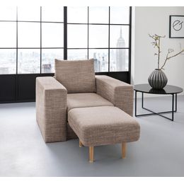 Sessel "Looksv", beige (beige, braun), B:112cm H:96cm T:107cm, LOOKS by Wolfgang Joop, Sessel, Sessel, Verwandlungssessel: aus Sessel wird Sessel mit Hocker