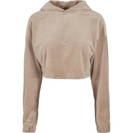 Kapuzenpullover Urban Classics "Urban Classics Damen Ladies Cropped Velvet Oversized Hoody", Damen, Gr. L, softtaupe, 93% Polyester, 7% Elasthan, unifarben, oversize, ohne Ausschnitt, Pullover Kapuzenpullover