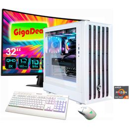 GAMEMAX Gaming-PC-Komplettsystem "GigaDeal CLAW WH 2803 AMD Ryzen 5 7500F 32GB DDR5 1TB SSD RX 9070", Energieeffizienz: G (A-G), wei&szlig;, Microsoft Windows 11 Home (64 Bit), 32 GB RAM 1.000 GB SSD, Computer_Komplettsysteme, Windows 11, DDR5 RAM + Gigabyte GS32QCA LED-Monitor Curved, 80 cm 32"