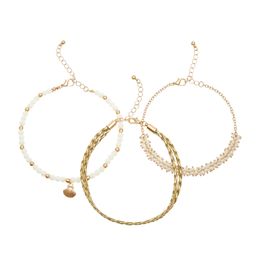 Fu&szlig;ketten Set Lascana "3 einzelne Fu&szlig;kettchen in Boho Stil", Damen, Gr. Glas Lederimitat Metall, goldfarben, wei&szlig;, Glas, Lederimitat, Metall, gl&auml;nzend, Fu&szlig;ketten, und Glasperlen, Fu&szlig;kettchen mit Anh&auml;nger