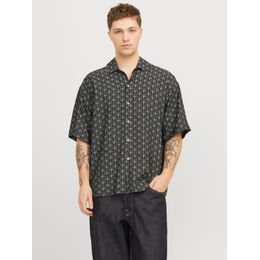 Jack & Jones Kurzarmhemd JACK & JONES "JORMARSHALL ISLINGTON AOP SHIRT SS SN", Herren, Gr. S, N-Gr, schwarz, Web, Obermaterial: 85% Viskose, 15% Nylon, gemustert, weit normal, Hemden