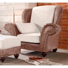 Sessel Home Affaire "King George gem&uuml;tlicher Ohrensessel mit Ziern&auml;geln, mit Federkern", braun (braun, sand), B:119cm H:110cm, Korpus aus Luxus-Microfaser in Vintage-Optik (100% Polyester), Sitzfl&auml;che aus Chenillebezug (70% Polyacryl 30% Polyester), Kissen in Druckstoff (100% Polyester), Sessel, Sessel