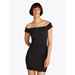 Jerseykleid Tommy Jeans "TJW SMOCK BODYCON DRESS", Damen, Gr. XS (34), N-Gr, schwarz, Jersey, Obermaterial: 95% Baumwolle, 5% Elasthan, unifarben, figurbetont mini, Carmenausschnitt, Kleider Jerseykleid, in Smok-Optik