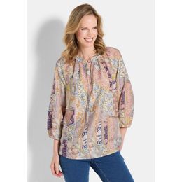 Schlupfbluse GOLDNER "Luftige Patch-Druck-Bluse mit 3/4-Arm", Damen, Gr. 38, beige (stein, gemustert), Obermaterial: 90% Viskose CV. 10% Polyamid PA., figurumspielend, Blusen Schlupfbluse, Bindeb&auml;ndchen