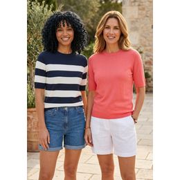 Kurzarmpullover Flashlights "aus Sommerstrick in Shirt-Form", Damen, Gr. 32/34, bunt (koralle, schwarz, wei&szlig;), Feinstrick, Obermaterial: 70% Viskose, 30% Polyamid, gestreift, unifarben, Basic h&uuml;ftlang, Rundhals, Rippb&uuml;ndchen, Pullover, aus Viskosemischung mit modernem Schnitt - 2er Set