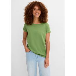 T-Shirt bonprix "Boxy-Shirt", Damen, Gr. 36/38 (S), gr&uuml;n, Web, Obermaterial: 100% Baumwolle, unifarben, figurumspielend normal, Rundhals, Aufschlag, Shirts T-Shirt, lockere, figurumspielende Passform, Kurzarm, Rundhalsausschnitt