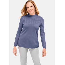 Rundhalspullover GOLDNER "Kurzgr&ouml;&szlig;e Eleganter Ajourpullover mit Stehbund", Damen, Gr. 20, blau (rauchblau), Obermaterial: 100% Polyacryl PAN., eng, Pullover Rundhalspullover, aufwendiger Ajourstrick in Zopfoptik