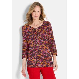 Print-Shirt GOLDNER "Florales Viskoseshirt mit Rundhals", Damen, Gr. 40, rot (rot, gemustert), Obermaterial: 95% Viskose CV. 5% Elasthan EL., Modisch, Shirts, Bindeb&auml;ndchen