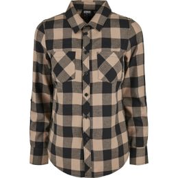 Langarmhemd Urban Classics "Urban Classics Damen Ladies Turnup Checked Flanell Shirt", Damen, Gr. L, US-Gr&ouml;&szlig;en, schwarz, softtaupe, 100% Baumwolle, normal, Hemden