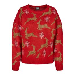 Rundhalspullover Urban Classics "Urban Classics Damen Ladies Oversized Christmas Sweater", Damen, Gr. S, rot, gold, 70% Polyacryl, 20% Polyester, 10% metallisiertes Garn, unifarben, oversize, Rundhals, Pullover Rundhalspullover
