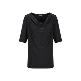 Kurzarmshirt GOLDNER "Kurzgr&ouml;&szlig;e Jerseyshirt mit Glitzersteinen", Damen, Gr. 19, schwarz, Obermaterial: 95% Polyester PES. 5% Elasthan EL., figurumspielend, Shirts, Ton in Ton Hotfix am Wasserfallausschnitt
