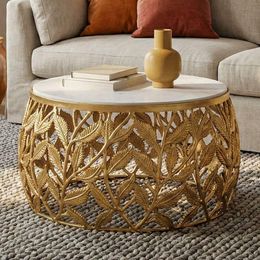 Pharao24.de Designertisch Wohnzimmertisch mit Blatt Motiven in Goldfarben