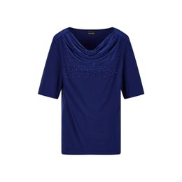Kurzarmshirt GOLDNER "Kurzgr&ouml;&szlig;e Jerseyshirt mit Glitzersteinen", Damen, Gr. 19, blau (royalblau), Obermaterial: 95% Polyester PES. 5% Elasthan EL., figurumspielend, Shirts, Ton in Ton Hotfix am Wasserfallausschnitt