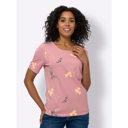 Kurzarmshirt Classic Basics "Kurzarm-Shirt", Damen, Gr. 42, rosa (rosenquarz, wei&szlig;, bedruckt), 100% Baumwolle, gebl&uuml;mt, gemustert, mehrfarbig, Rundhals, Shirts