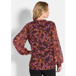 Schlupfbluse GOLDNER "Kurzgr&ouml;&szlig;e Druckbluse mit R&uuml;schen", Damen, Gr. 24, rot (rot, gemustert), Obermaterial: 100% Polyester PES., Blusen Schlupfbluse, Bindeb&auml;ndchen