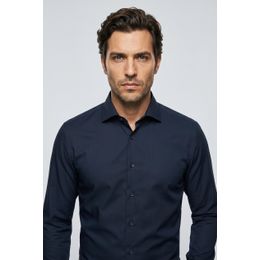 Businesshemd OLYMP "Level Five body fit", Herren, Gr. 43, N-Gr, blau (marine), Web, Obermaterial: 64% Baumwolle, 27% Polyester, 9% Elasthan, Hemden